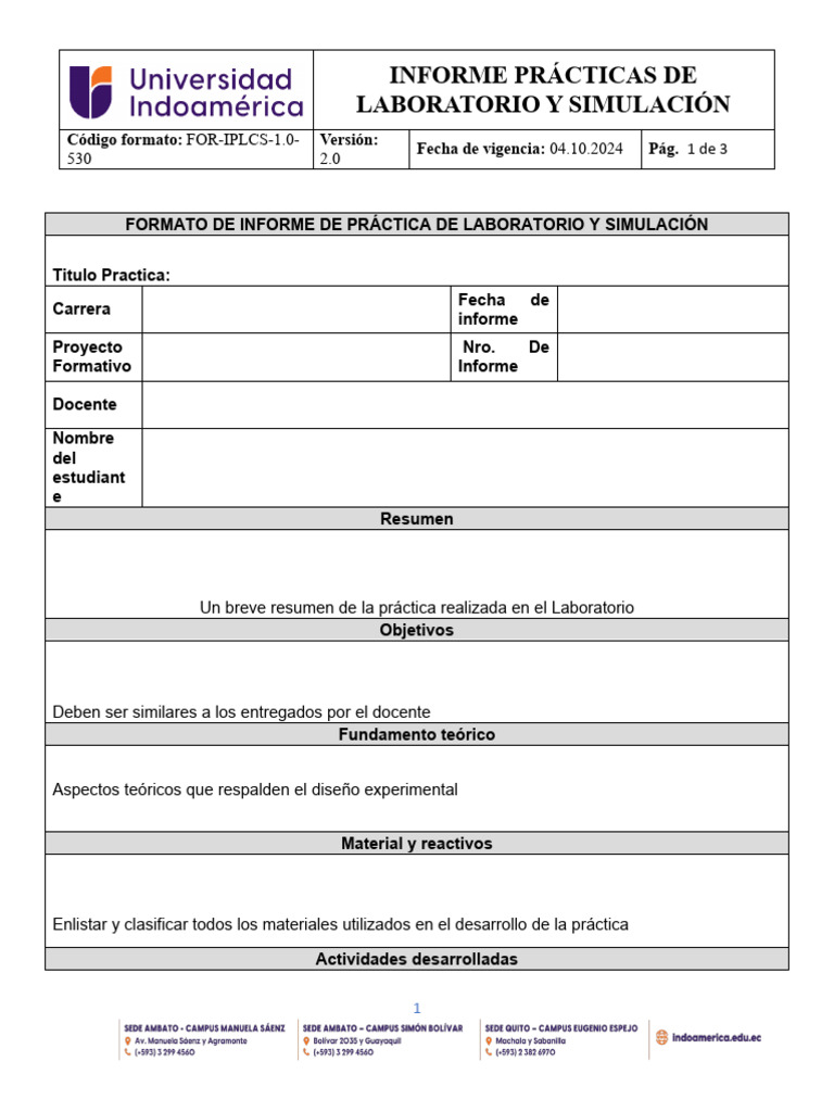 Formato Informe Prácticas de Laboratorio y Simulación | PDF | Laboratorios | Science