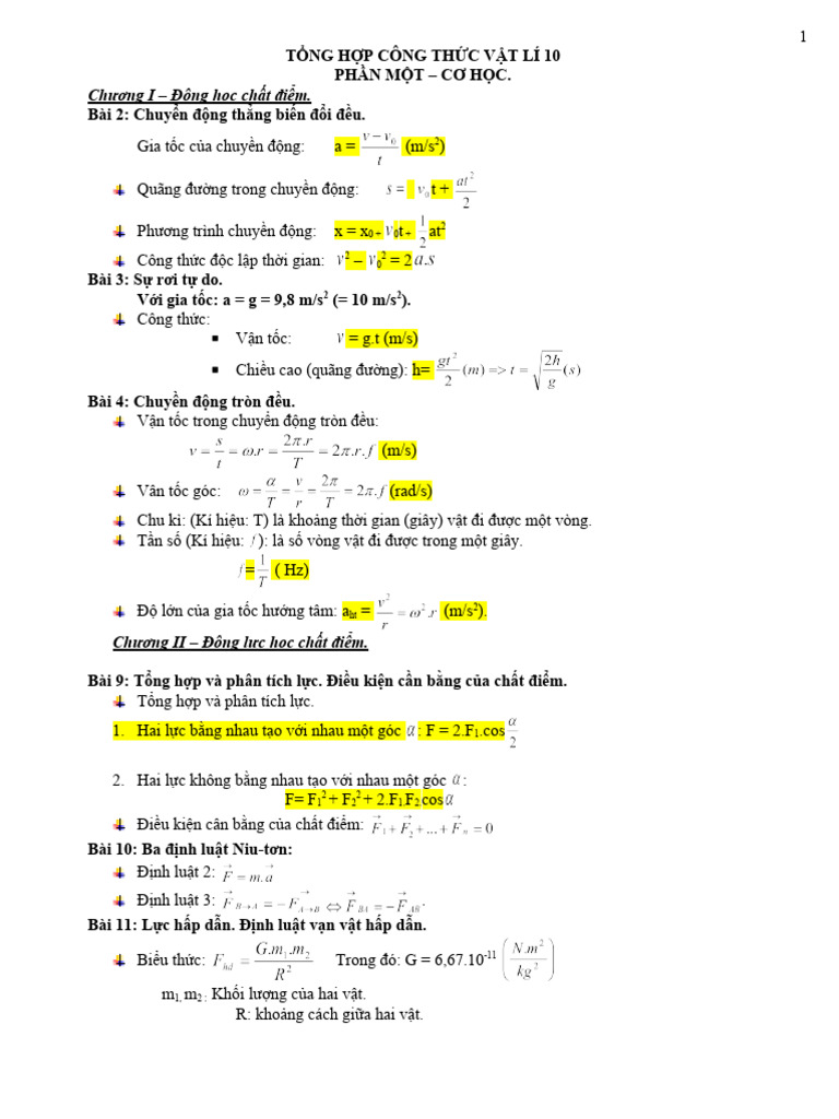 Cong Thuc Vat Li 10 | PDF