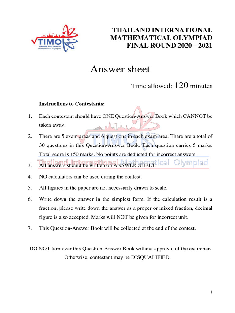 TIMO Answer Sheet | Download Free PDF | Mathematics