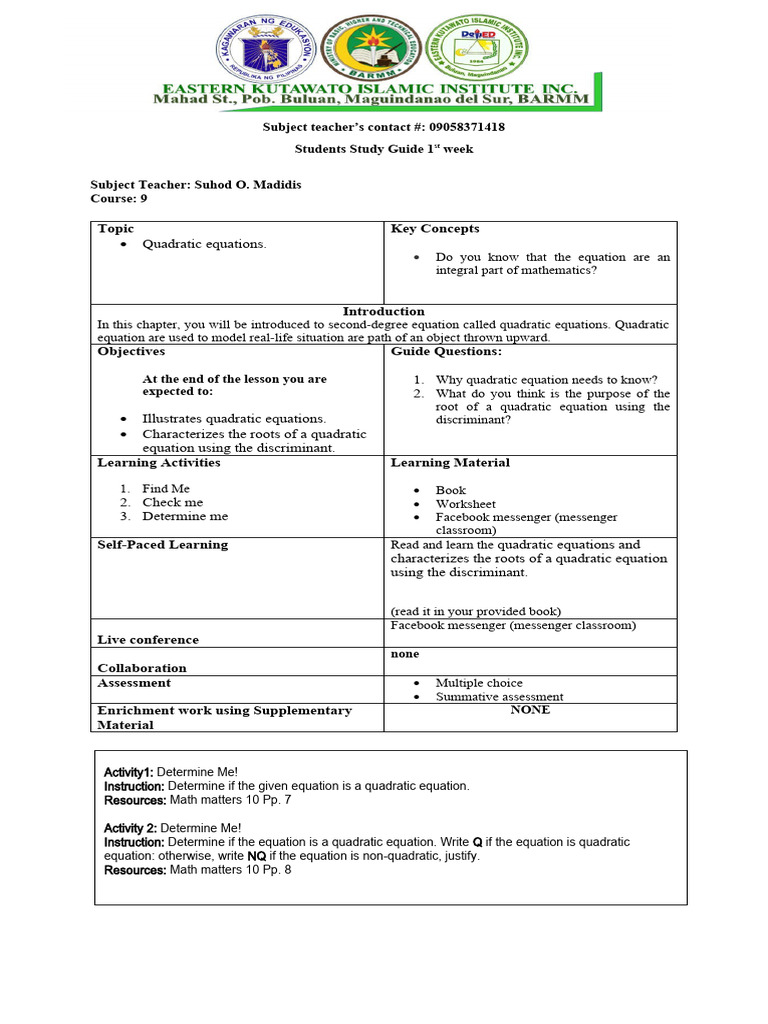 EKII-MATH-9-Q1-SSG-1st-WEEK | PDF | Quadratic Equation | Mathematics