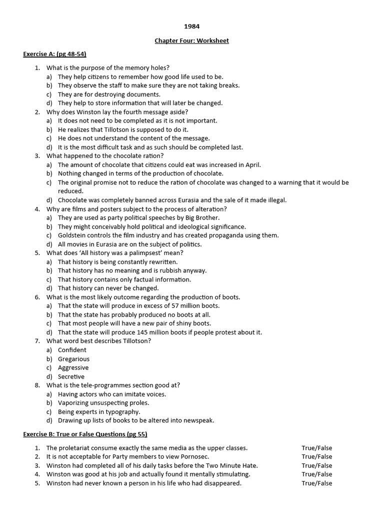 1984 Chapter Four Worksheet | PDF