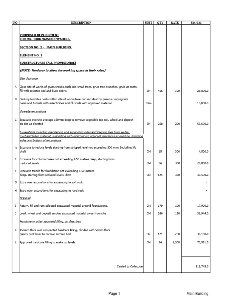 Builders Works Bill of Quantities | PDF | Concrete | Architectural Design