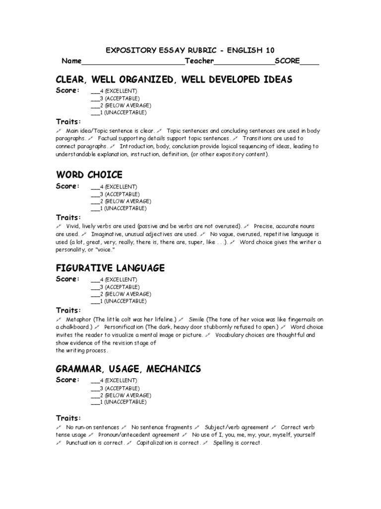 Expository Essay Rubric for English 10 | PDF