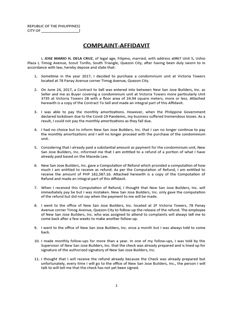 Complaint Affidavit - Small Claims - JOSE MARIO H DELA CRUZ | PDF | Law