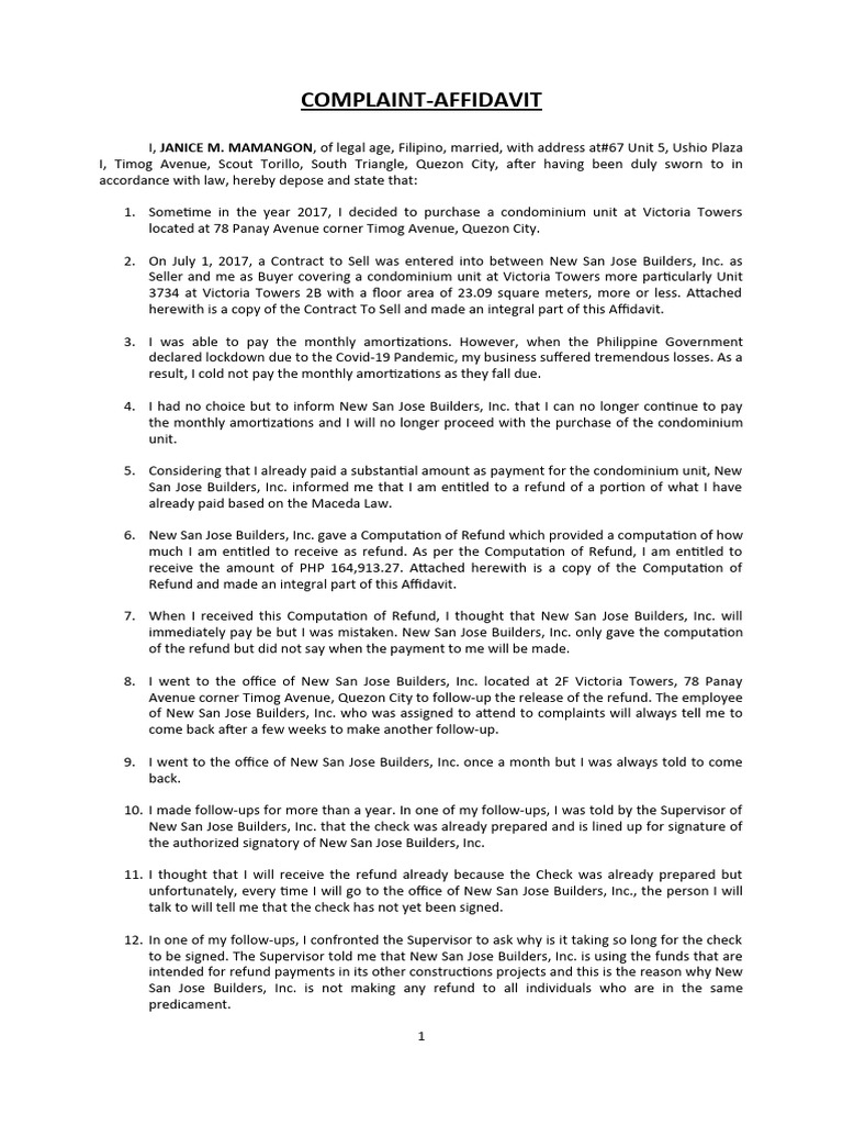 Complaint Affidavit - Small Claims - Janice M Mamangon | PDF ...