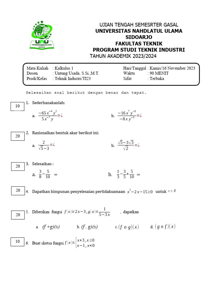 UTS Kalkulus 1 2023-2024 (TI) | PDF