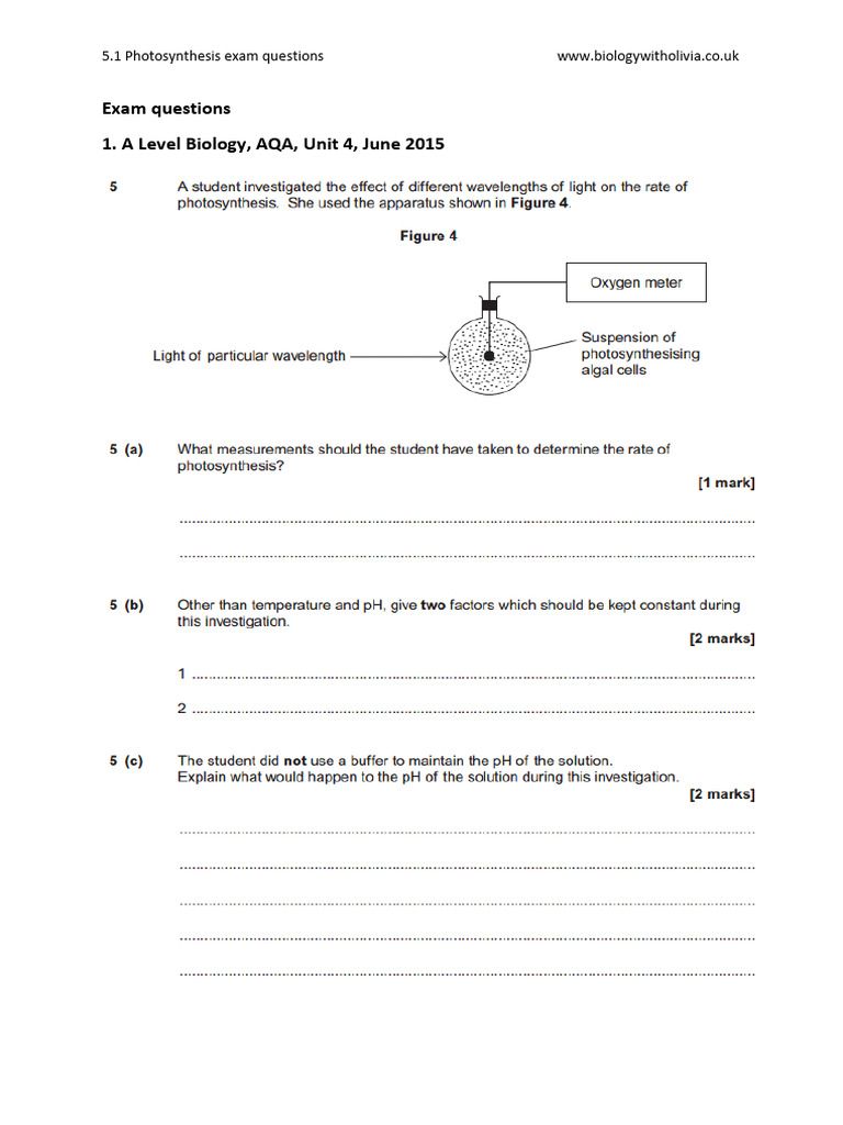 AQA A Level Photosynthesis Questions | PDF | Qualifications | Student ...