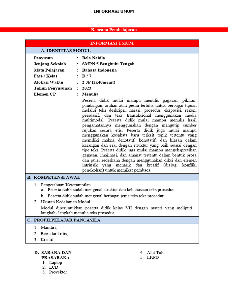 Bela Nabila Aksi Nyata Topik 3 RPP TARL PPA | PDF