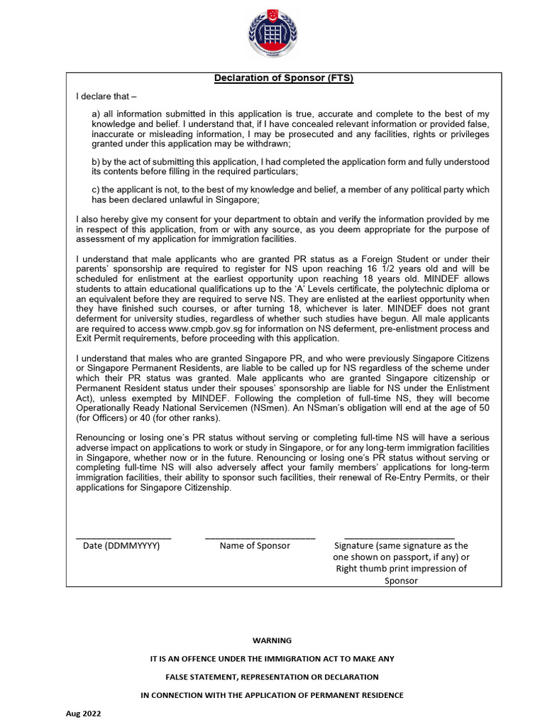 Sponsor Declaration (FTS) | PDF | Human Migration | International Law