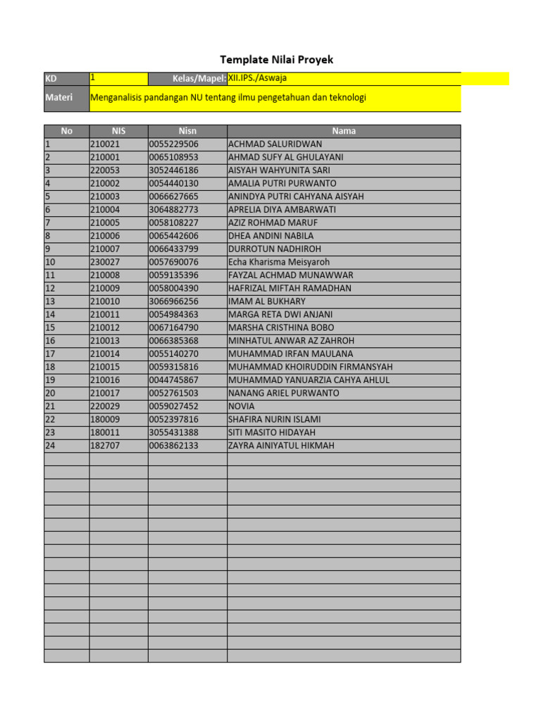 Template Nilai Proyek Aswaja XII.IPS | PDF
