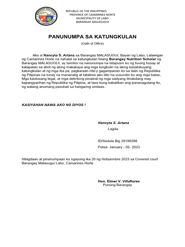 Panunumpa Ng Katungkulan | PDF Panunumpa Ng Katungkulan | PDF