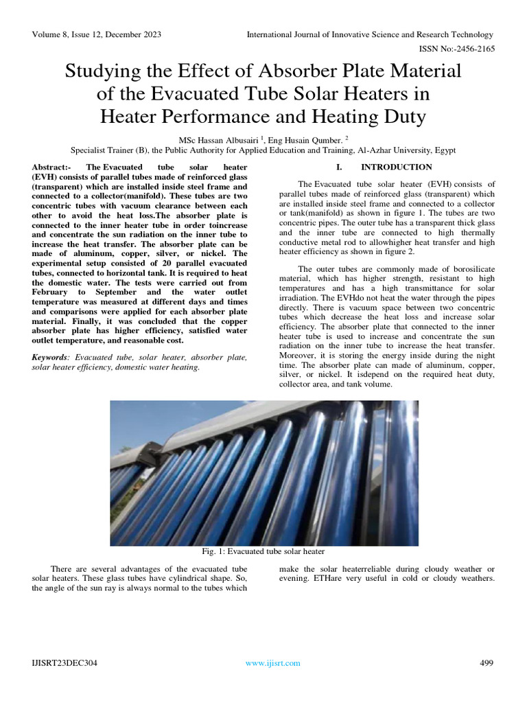 Studying The Effect of Absorber Plate Material of The Evacuated Tube ...