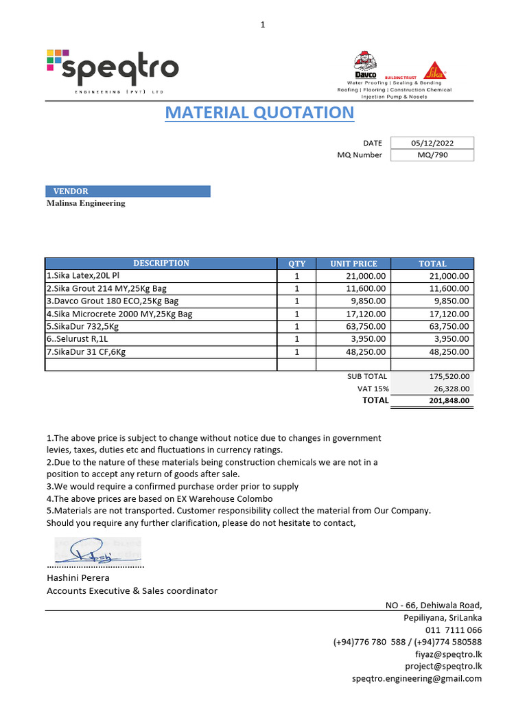 Material Quotation 790 - Malinsa Engineering | PDF