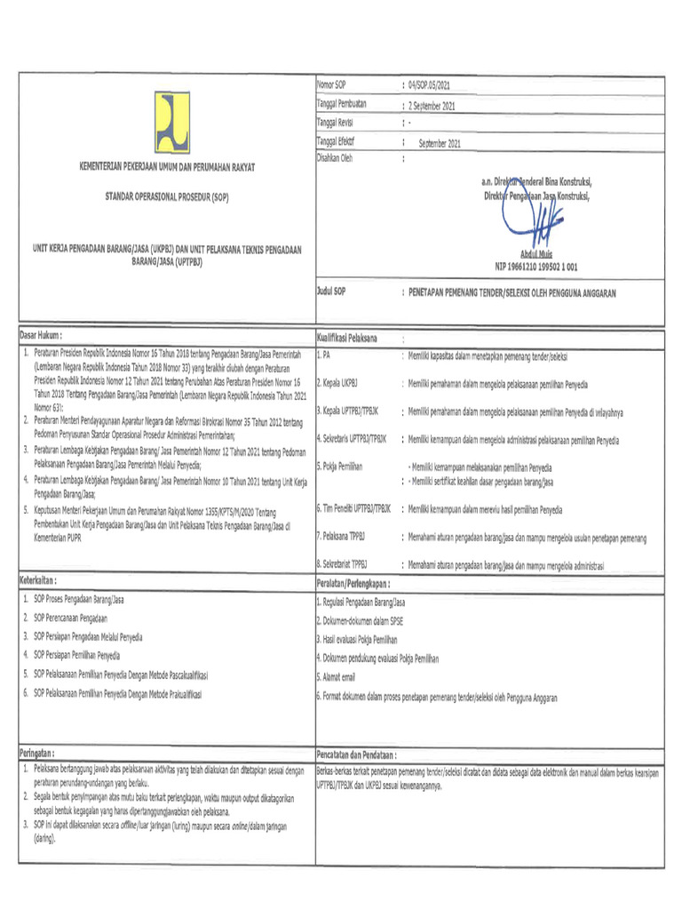 Sop 05d Penetapan Pemenang Tender Seleksi Oleh Pengguna Anggaran Ttd2 | PDF