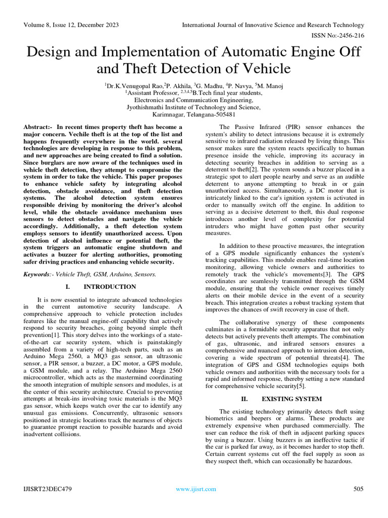Design and Implementation of Automatic Engine Off and Theft Detection of Vehicle | PDF
