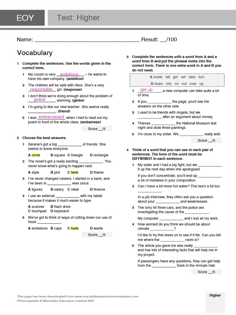 B1_End_of_Year_Test_Higher | PDF | Frankenstein