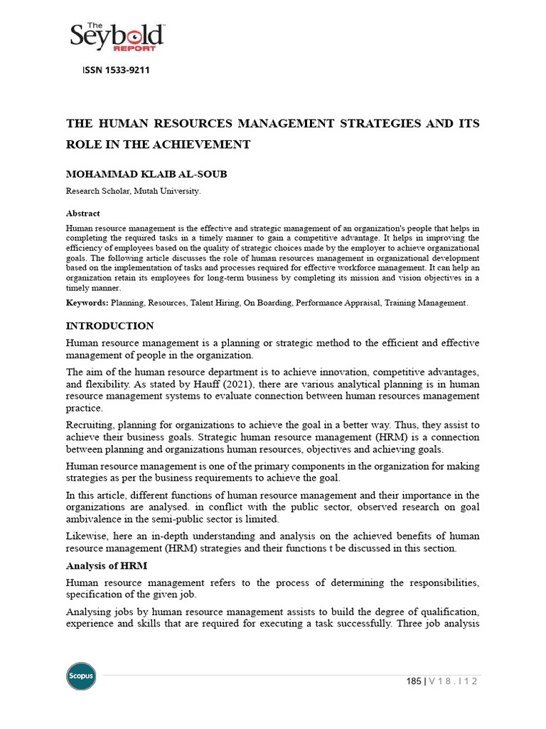 THE HUMAN RESOURCES MANAGEMENT STRATEGIES AND ITS ROLE IN THE ACHIEVEMENT | PDF | Human Resource ...