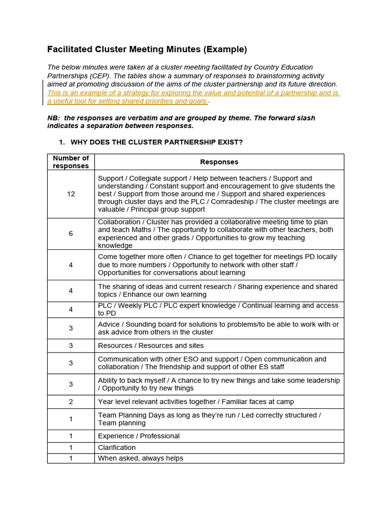 Facilitated Cluster Meeting Minutes Example | PDF