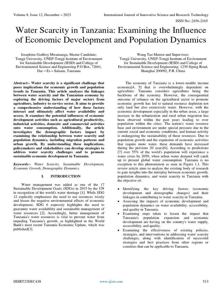 Water Scarcity in Tanzania: Examining The Influence of Economic ...
