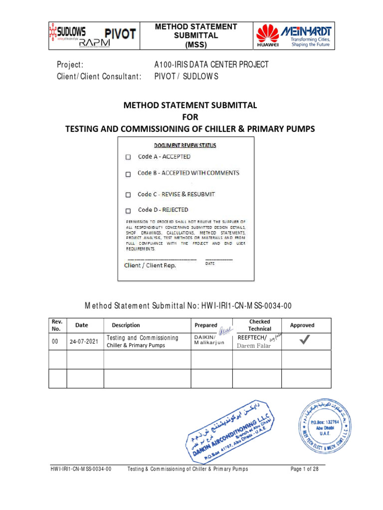Method Statement T& C of Chiller and Primary Pumps | PDF | Business | Computers