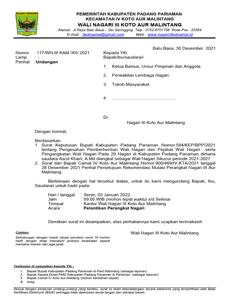 Surat Undangan Pelantikan Perangkat Nagari 2021 | PDF