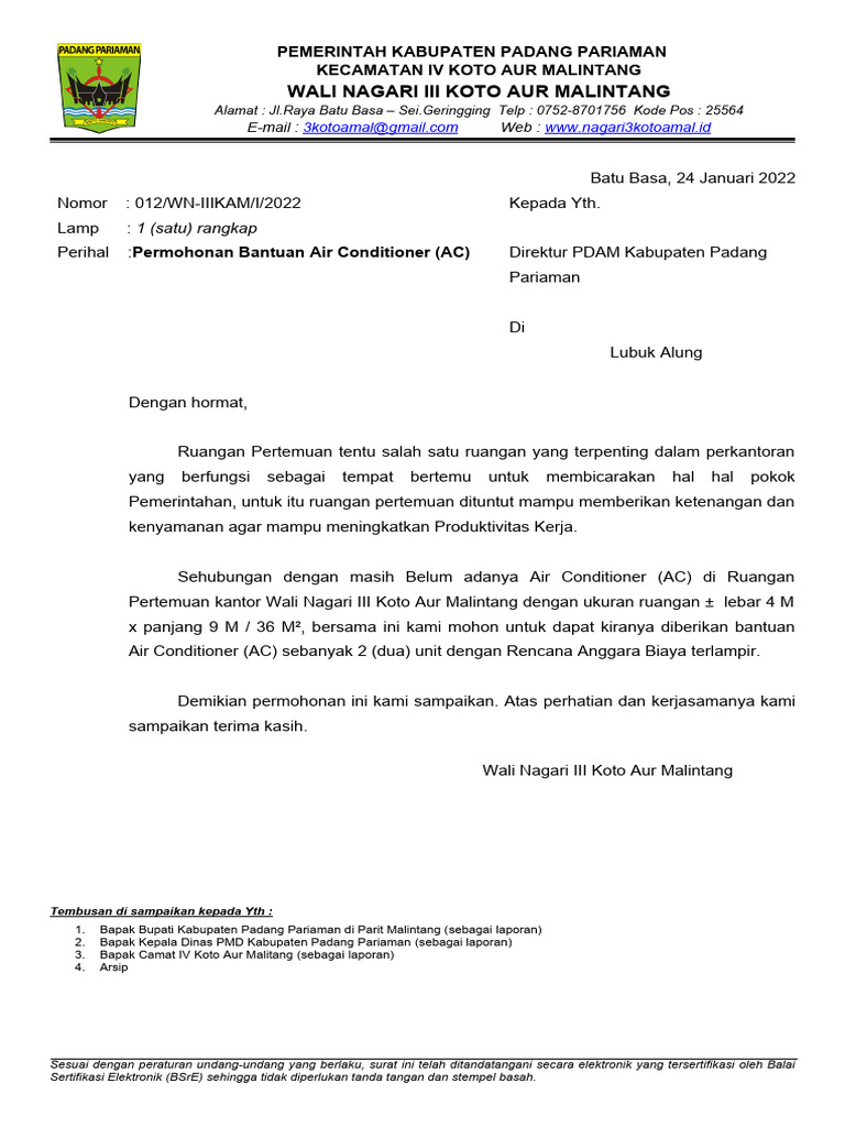 Surat Permohonan Ac Pdam | PDF