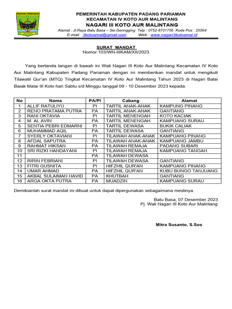 Surat Mandat Lomba MTQ 2023 Di Balai Baiak | PDF