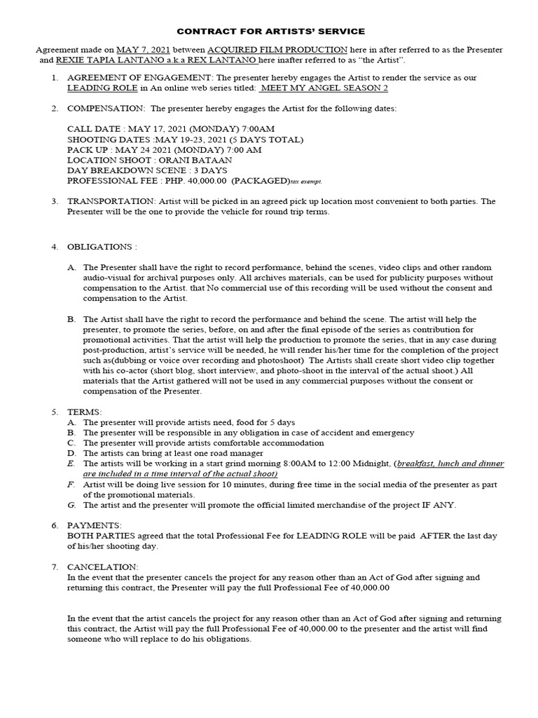 Meet My Angel Season 2 Artist Project Contract Rex Lantano | PDF