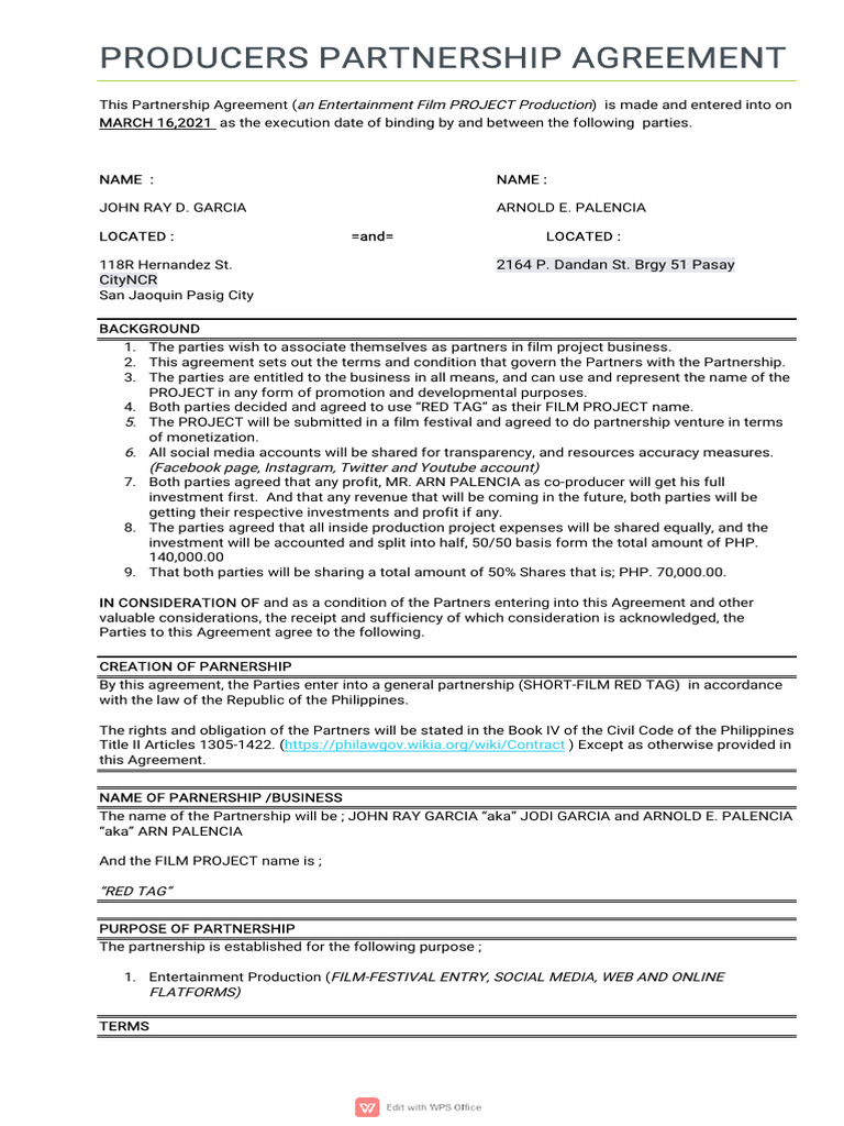 Red Tag Producers Partnership Agreement | PDF