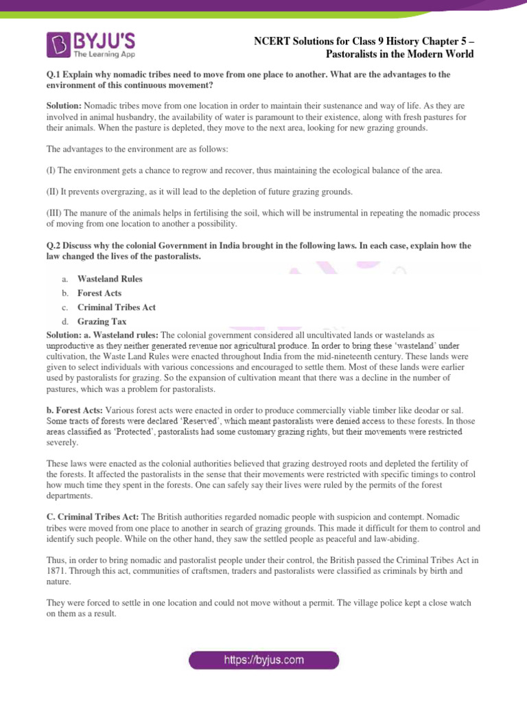 NCERT Solutions For Class 9 History Chapter 5 Pastoralists in The Modern World Compressed | PDF ...