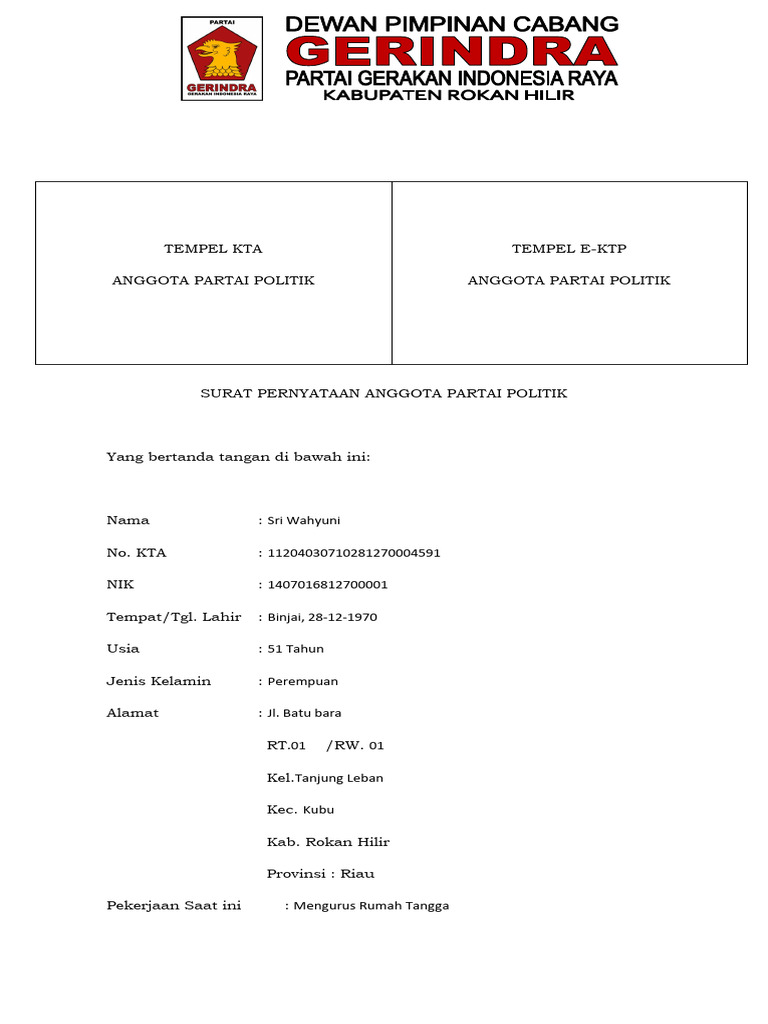 Contoh Surat Pernyataan Anggota Partai Politik1 | PDF