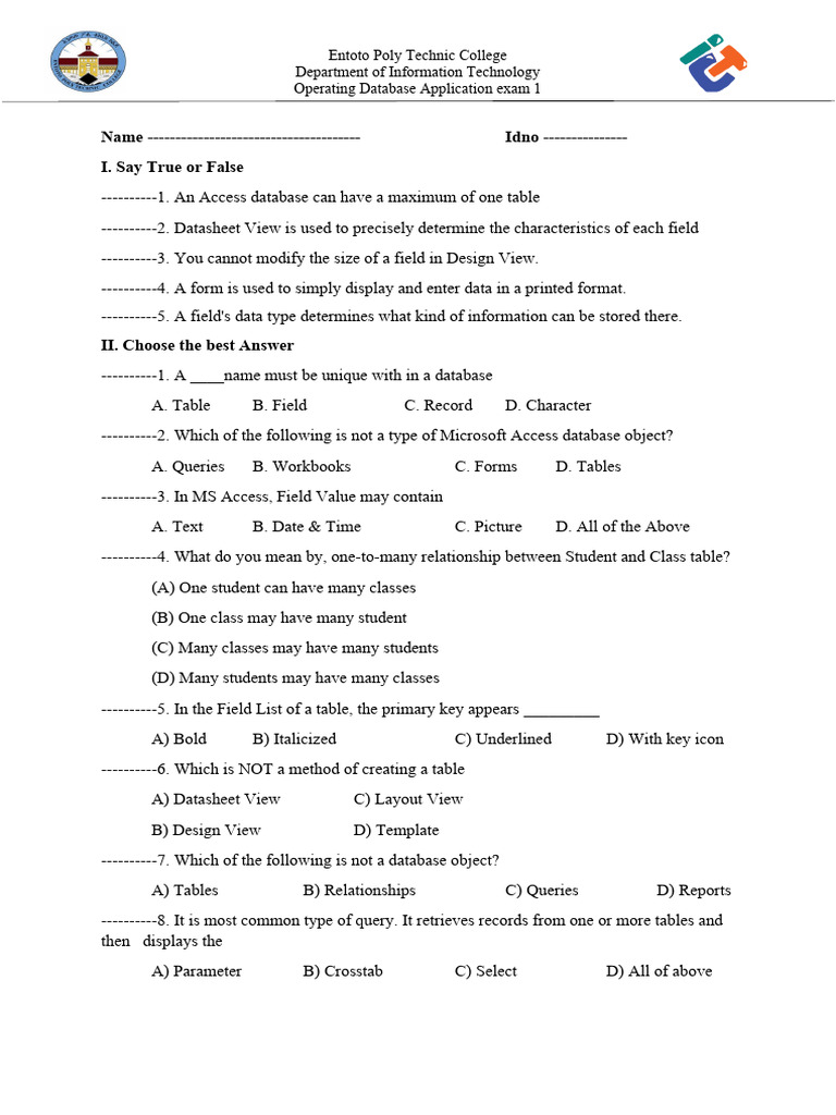 Ms Access Exam (AutoRecovered) | PDF
