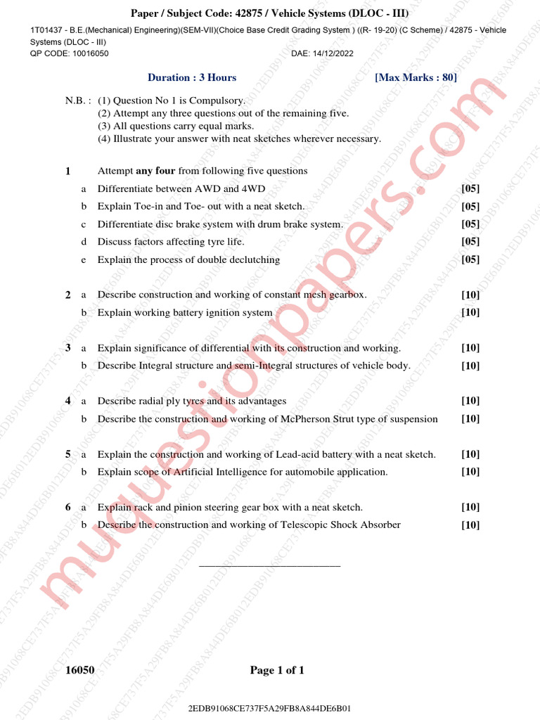 Be - Mechanical Engineering - Semester 7 - 2022 - December - Dloc III - Vehicle Systems Rev 2019 ...