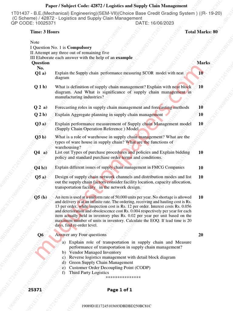 Be Mechanical Engineering Semester 7 2023 May Logistics and Supply ...