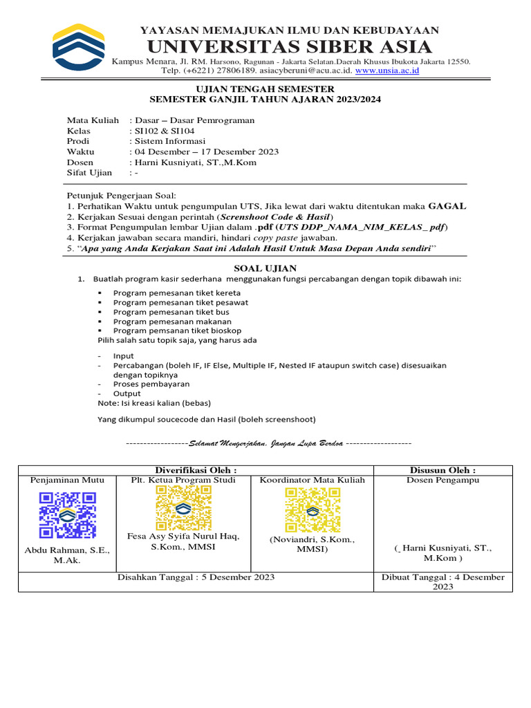 Dasar-Dasar Pemograman SI102&104 - Sistem Informasi - Ganjil 2023 2024 ...