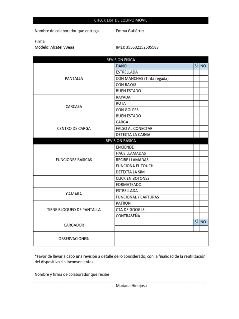 Check List de Equipo Móvil | PDF