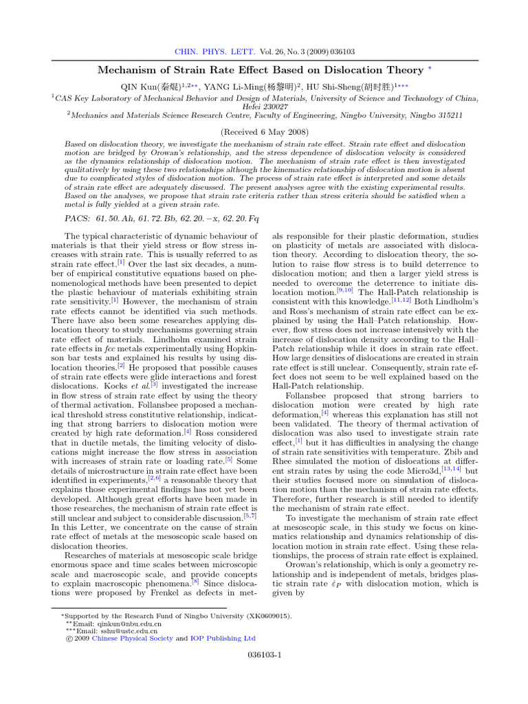 Mechanism of Strain Rate Effect Based on Dislocation Theory | PDF