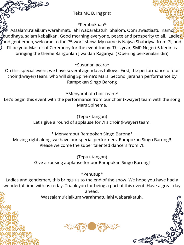 Teks MC B. Inggris Pembukaan Assalamu'alaikum warahmatullahi wabarakatuh. Shalom, Oom swastiastu ...