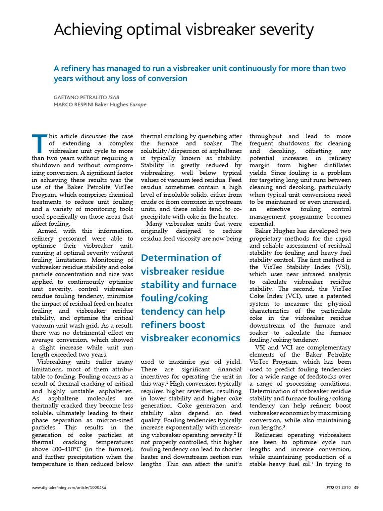 Optimizing Visbreaker Unit Performance | PDF | Chemical Process ...