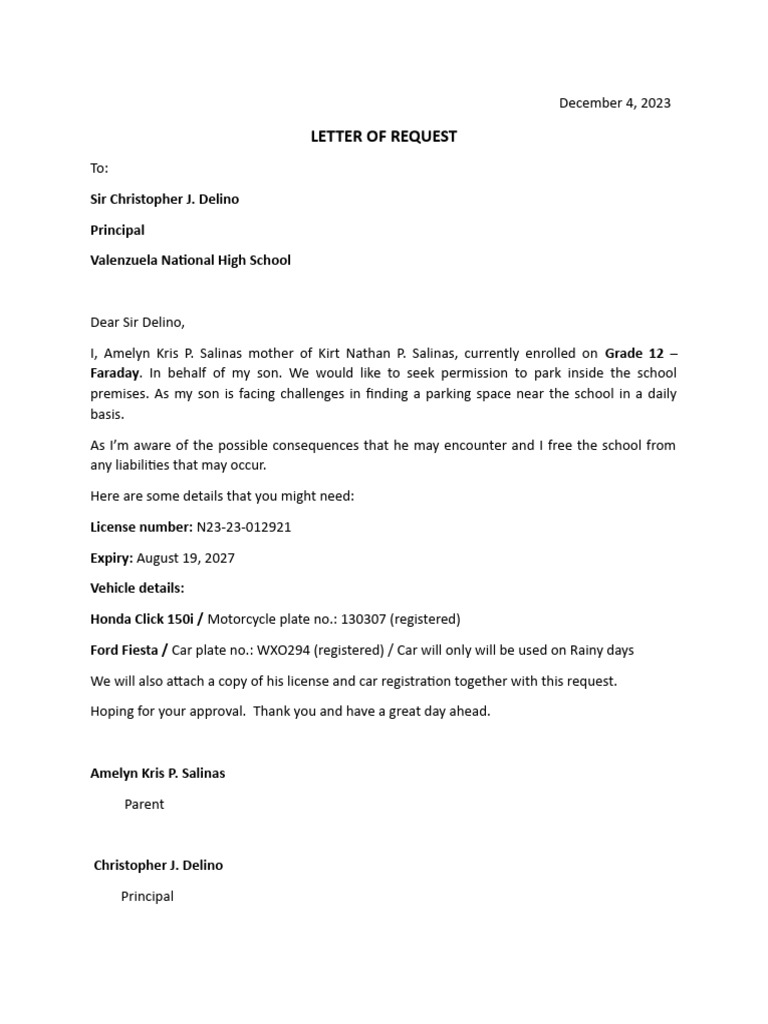 Parking Request Letter Example | PDF Parking Request Letter Example | PDF