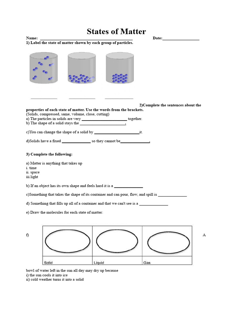 States of Matter Worksheet for Grades 3-7 | PDF | Liquids | Matter