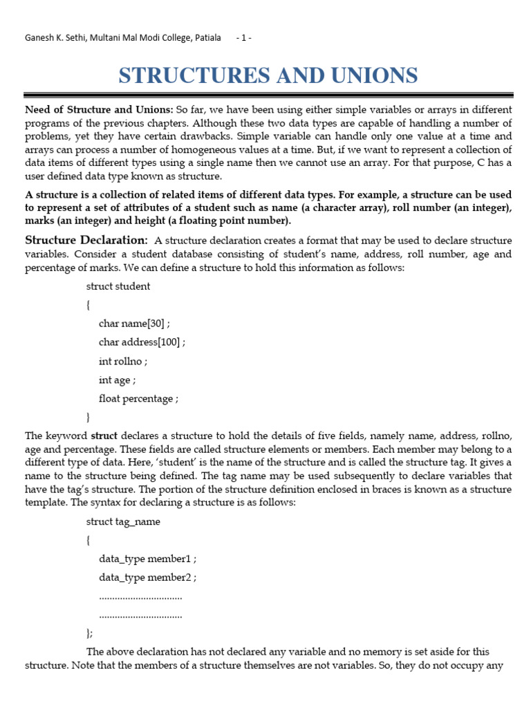 C Structures and Unions Explained | PDF | Variable (Computer Science ...
