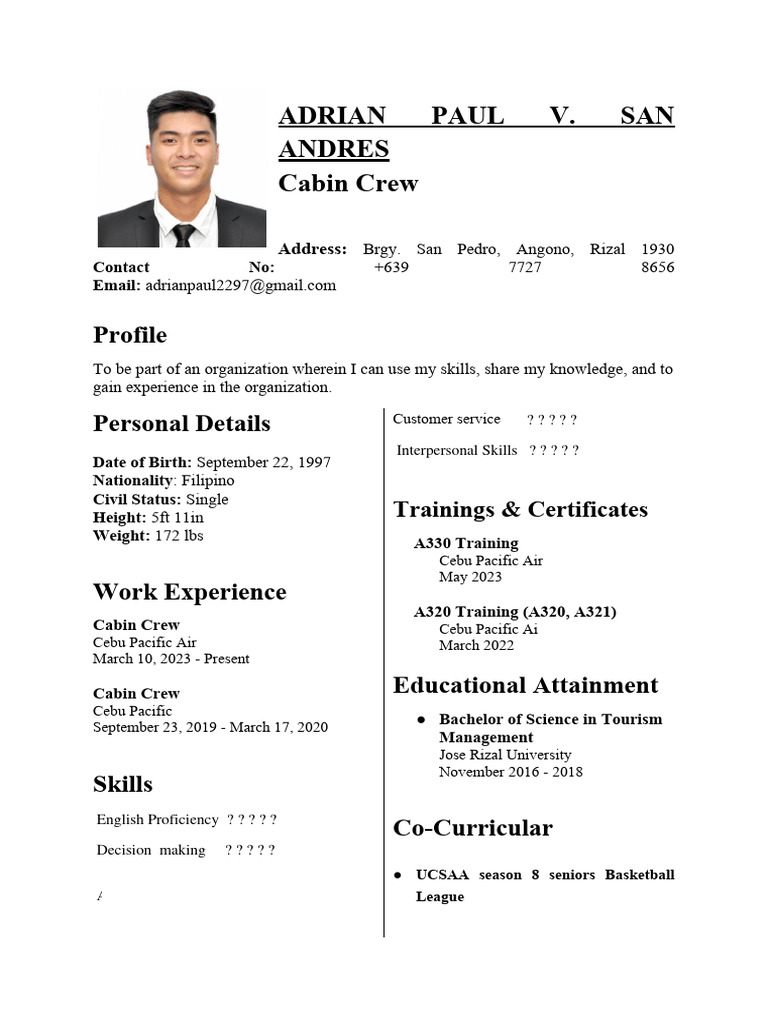 Adrian Paul V. San Andres Cabin Crew: Profile | PDF