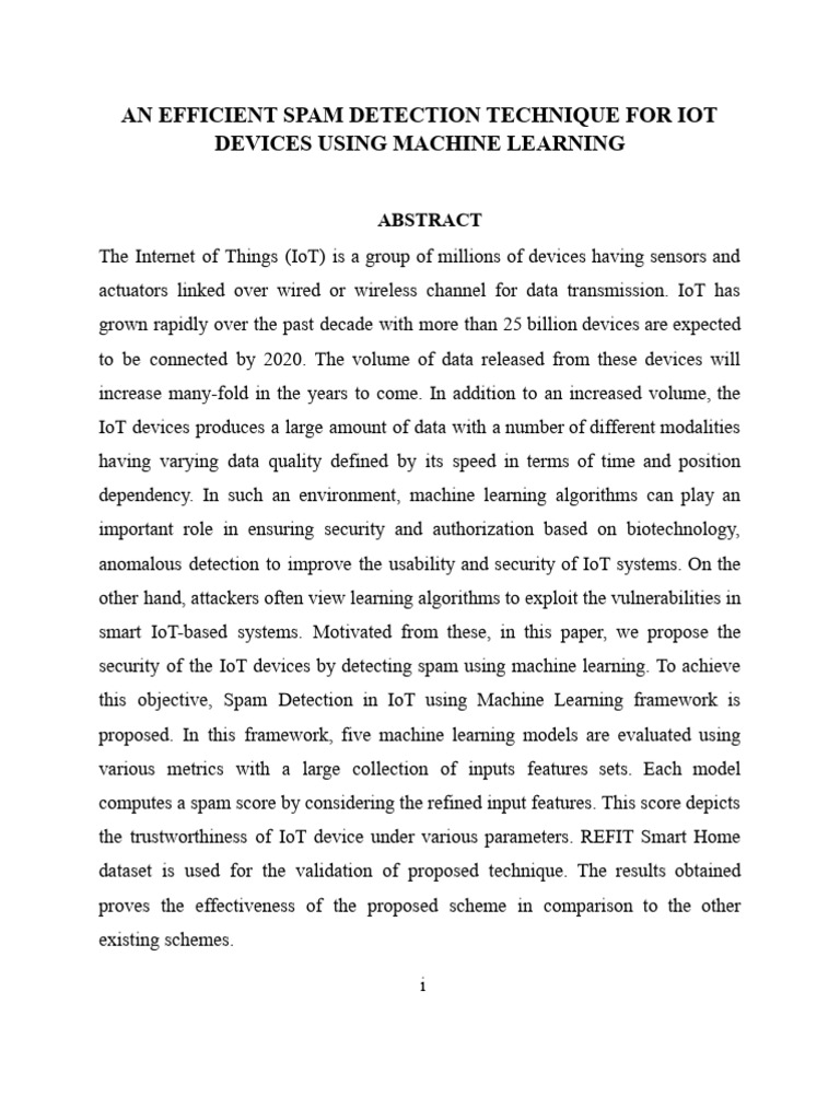 Efficient Spam Detection Technique For Iot Devices Using Machine Learning Pdf Machine
