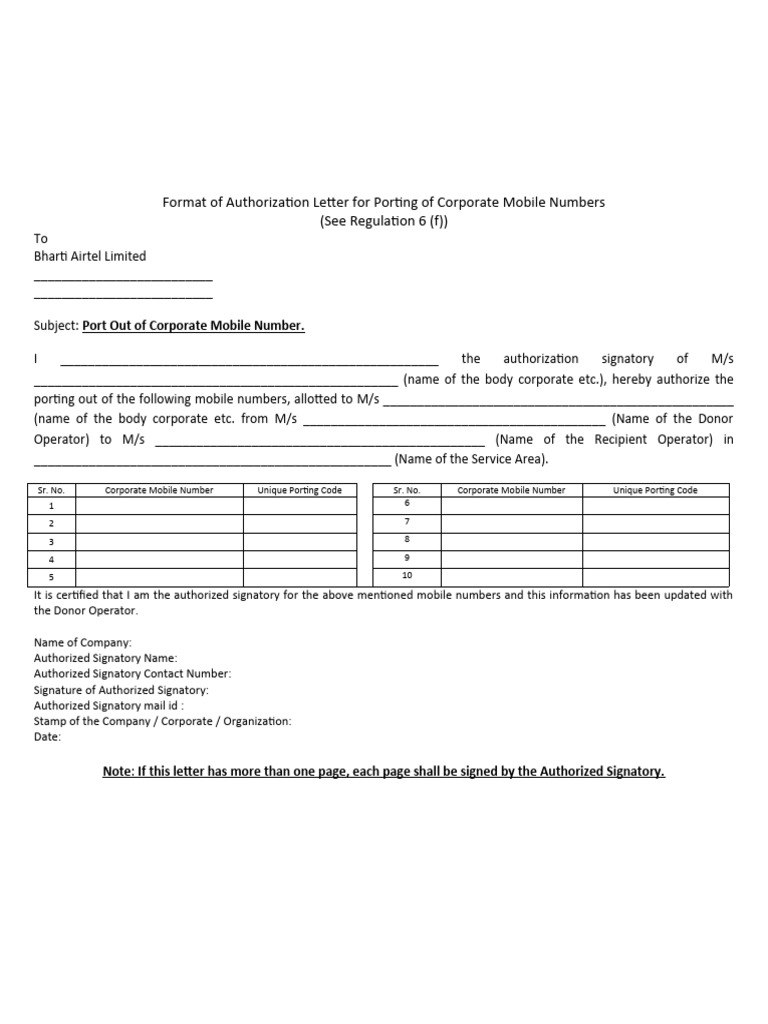 Corporate Mobile Number Porting Authorization | PDF | Business