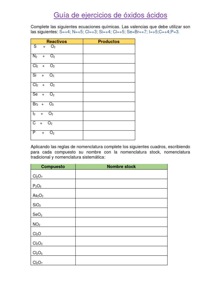 Guía de Ejercicios de Óxidos Ácidos | PDF | Métodos y materiales de enseñanza | Ciencia y ...