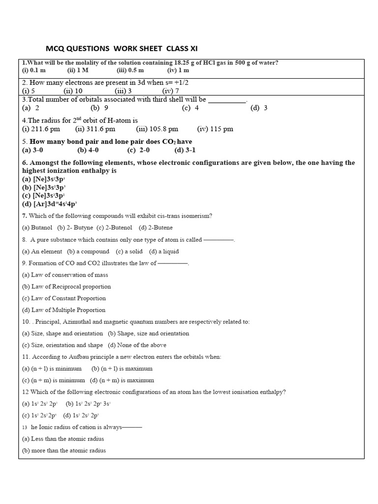 MCQ Questions Work Sheet Class Xi | PDF