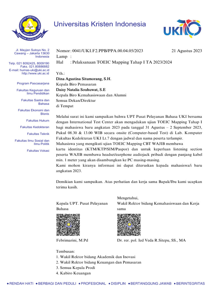 0041-Pelaksanaan TOEIC Mapping Maba 2023 UKI | PDF