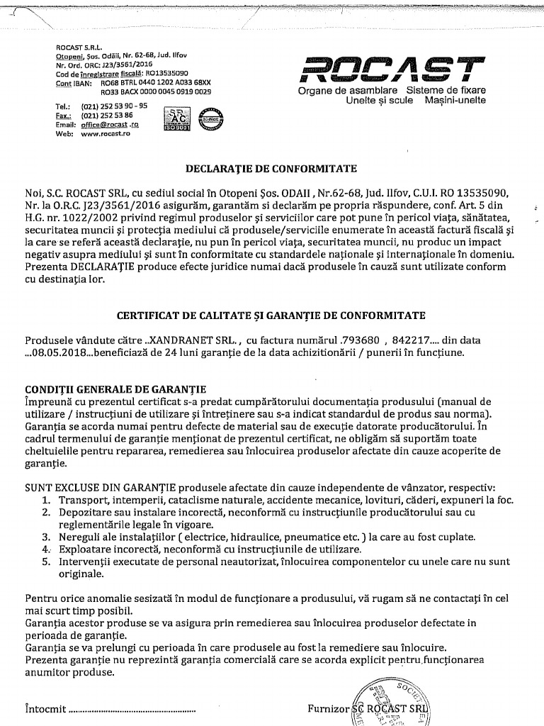Declaratie de Conformitate Rocast | PDF