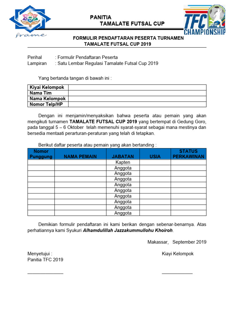 Formulir Pendaftaran Peserta Turnamen | PDF